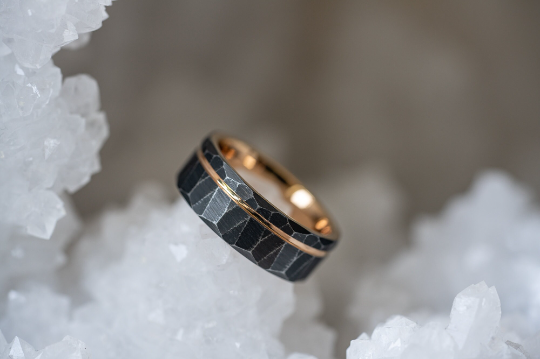 "Zeus" Distressed Hammered Tungsten Carbide Ring- Black w/ Rose Gold G ...