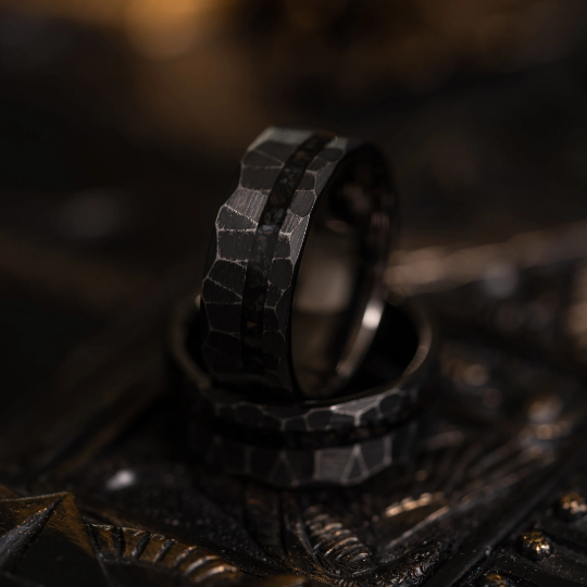"Zeus" Distressed Hammered Dinosaur fossil - Tungsten Carbide Ring- Bl ...
