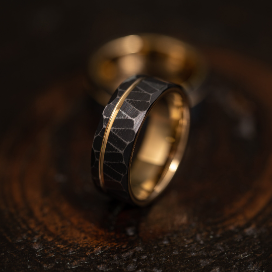 "Zeus" Distressed Hammered Tungsten Carbide Ring- Black w/ Yellow Gold ...