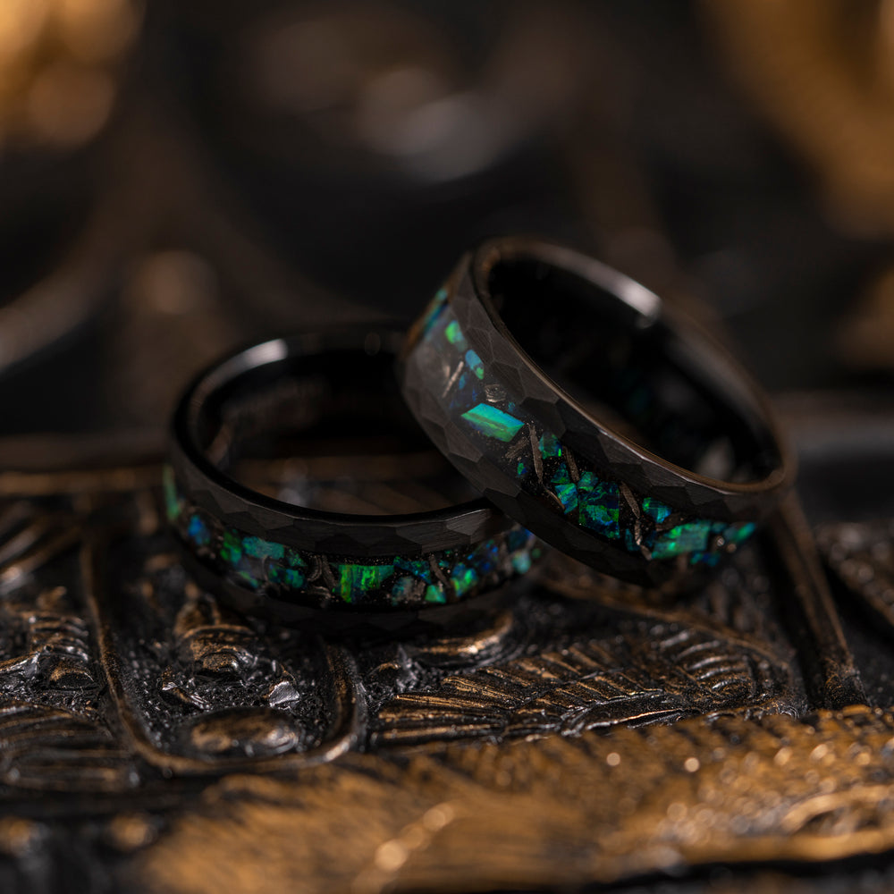 "Zeus" Hammered Tungsten Carbide Ring- Meteorite and Emerald Opal- Bla - RBL