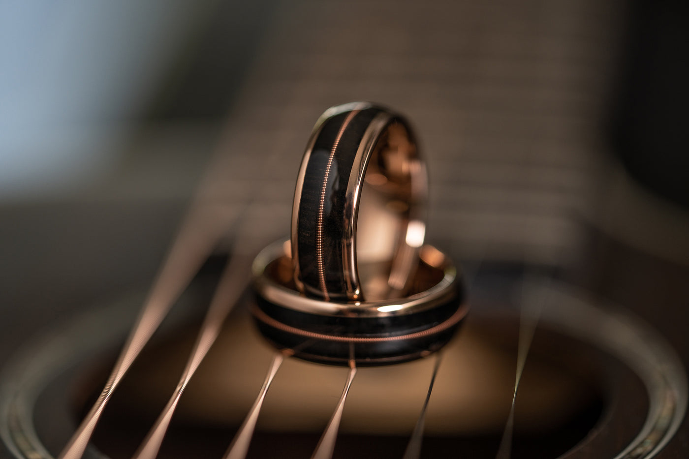 "Celtic Melody" Irish Bog Wood x Guitar String Ring- Rose Gold Tungste ...