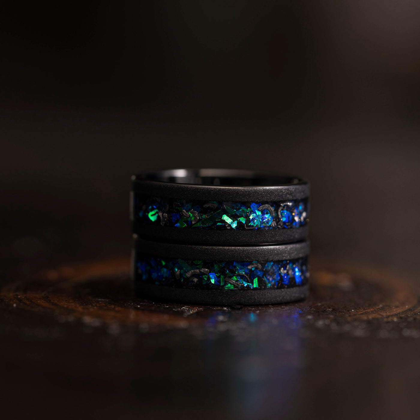 "Zeus" Flat Nebula Ring Green Blue- Meteorite and Opal- Black 8mm - RBL